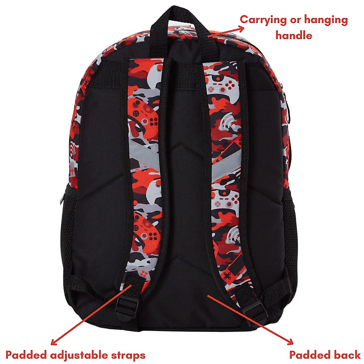 RALME Red Camo Gaming Backpack Set for Boys, 16 inch, 6 Pieces - Includes Foldable Lunch Bag, Water Bottle, Key Chain, & Pencil Case