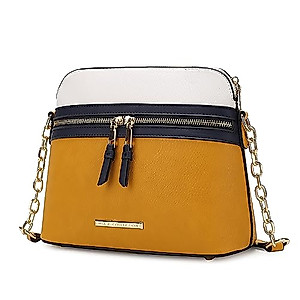 MKF Crossbody Bag for Women – PU Leather Pocketbook Handbag – Designer Side Messenger Purse, Shoulder Crossover Mustard Navy