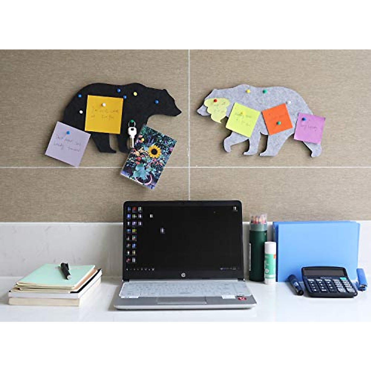Omitfu Bulletin Strip Bar 2Pcs Bear Shape Felt Pin Board Self Adhesive Cute Bulletin Memo Boards Strip Wall Decorative Tiles with Pushpins - 14 x 8 x 0.5 inches