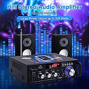 HiFi Bluetooth Audio Amplifier 298A Mini Stereo Amp RMS 40W Max 300W 2.0 Channel Audio Power Amplifier Receiver w/USB FM Mic for Home, Car Speakers System(US Plug)