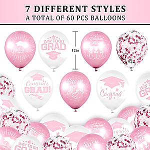 Whaline 60Pcs Graduation Party Balloon Set 7 Designs Confetti Latex Balloon with 2 Rolls Ribbon Grad Cap Congrats Grad Balloon for Graduation Party Decoration Supplies (Pink, White)