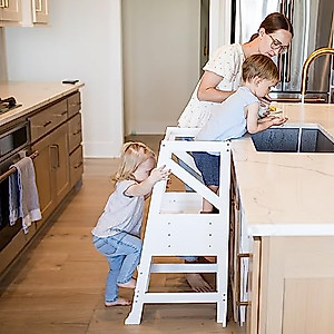 Toddler Standing Tower-Kitchen Step Stool for Toddlers with Message Boards and Safety Rail-3 Adjustable Heights Stool, Toddler Kitchen Helper-Removable, Anti Slip Stool for Bedroom, Bathroom (White)