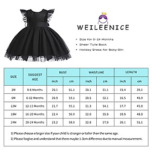 Weileenice Black Flower Baby Girl Tulle Dress 6M/ 6-12 Flutter Sleeve Sheer Back Newborn Girls 1st Birthday Party Wedding Outfit Lace Bow Headband Toddler Photo Shoot Formal Tutu Dresses Christmas