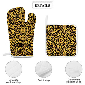 Oven Mitts and Pot Holders Sets for Safe BBQ Cooking and Backing, Animal Leopard Print Kitchen Insulated Pot Holder Pad with Heat Resistant Gloves, 4 Pieces, MBW100