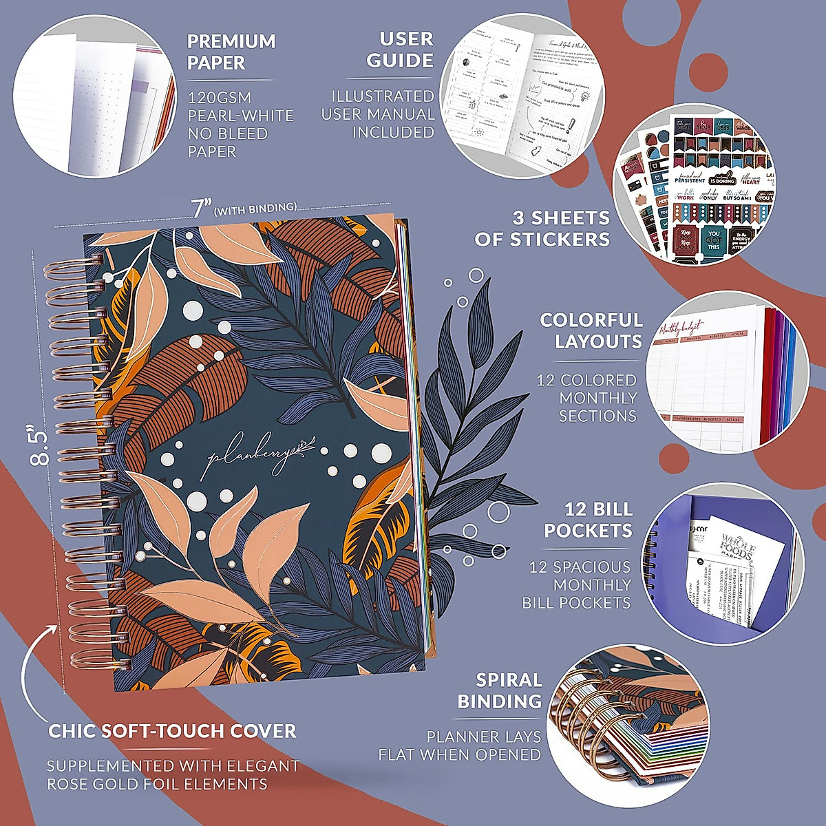 PLANBERRY Budget Planner & Monthly Bill Organizer with Pockets Premium – Home Finance & Bill Payment Organizer – Budgeting Book with Income & Expense Tracker - 7x8.5″ Hardcover (Tropical Night)