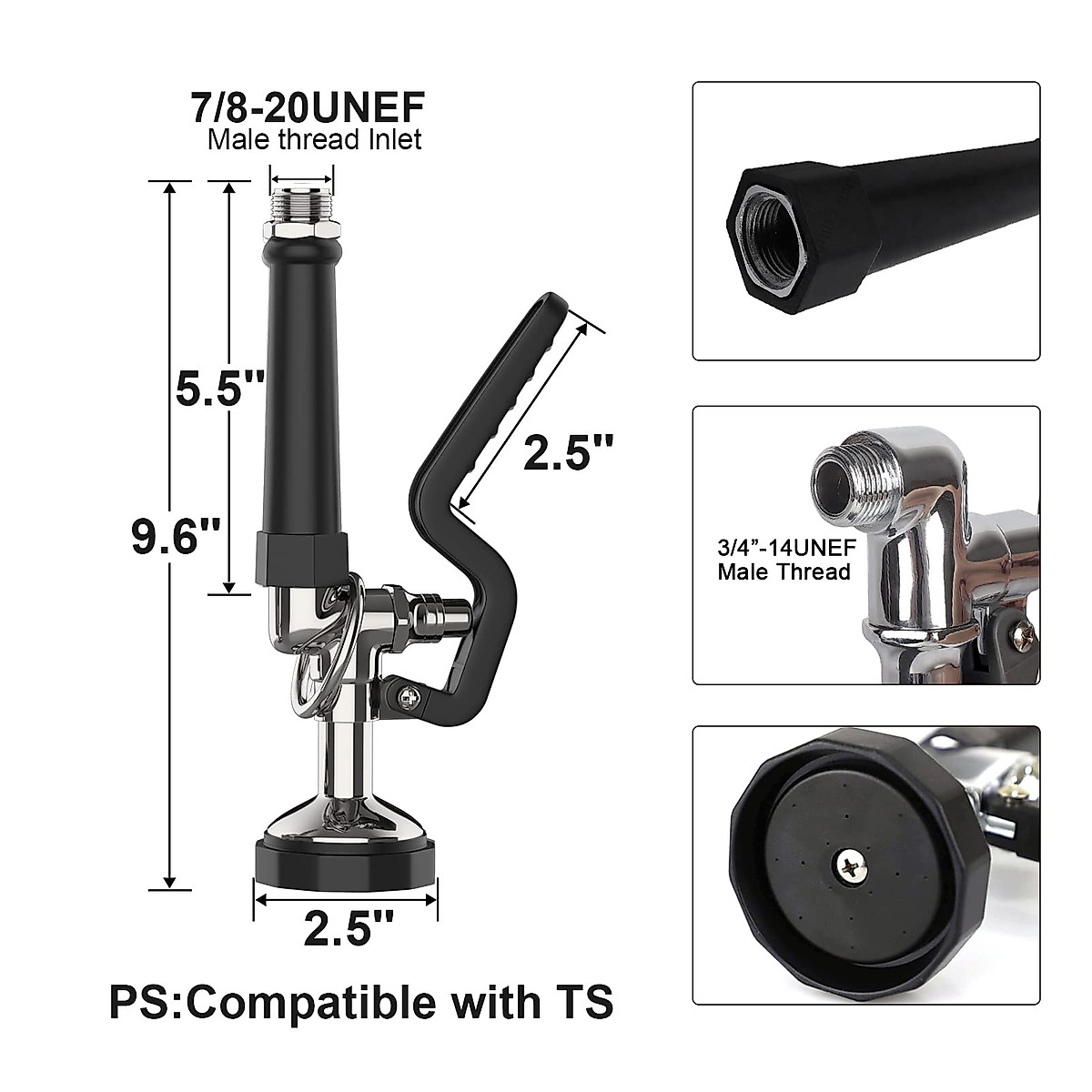JZBRAIN Pre-Rinse Spray Valve Commercial Sink Sprayer 1.42 GPM High Pressure for Commercial Kitchen Faucet Replacement Head (Polished Chrome) - Black