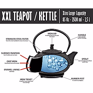XXL Cast Iron Teapot Xtra Large Capacity 85Oz/2500ml with Trivet and Loose Leaf Tea Infuser, Large Cast Iron Teapot Kettle Stovetop Safe. Tetsubin Coated with Enamel Interior - Big Teapot Black