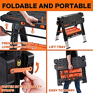 Pony Portable Folding Work Table, 2-in-1 as Sawhorse & Workbench, 31” W×25” D×25”-35”H, Large Load Capacity with 4pcs Clamps, 4pcs Bench Dogs