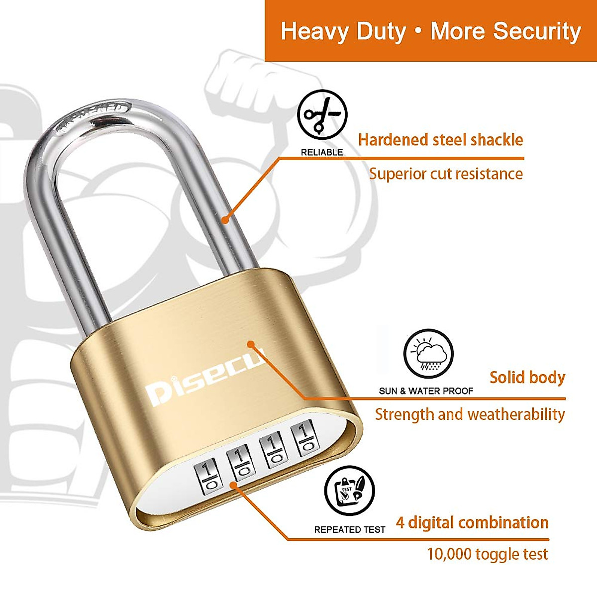 Disecu 4 Digit Heavy Duty Combination Lock 2.5 Inch Long Shackle Outdoor Waterproof Padlock for School Gym Locker, Gate, Hasp Storage, Toolbox, Fence, Case, Bike (Brass)