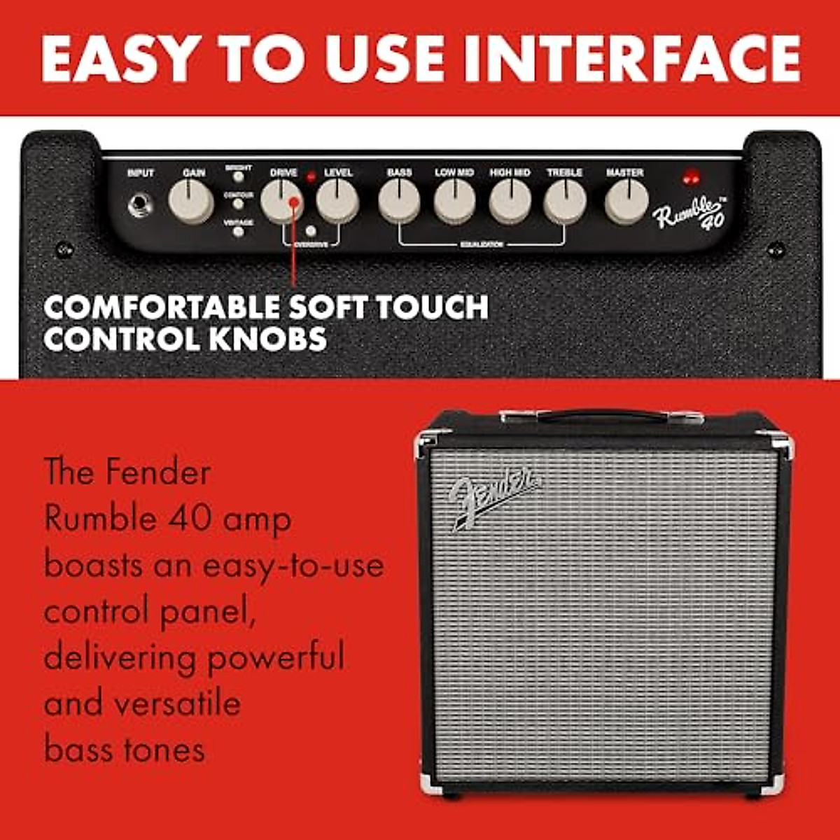 Fender Rumble 40 V3 Bass Amp for Bass Guitar, Bass Combo, 40 Watts, with 2-Year Warranty 8 Inch Speaker, with Overdrive Circuit and Mid-Scoop Contour Switch