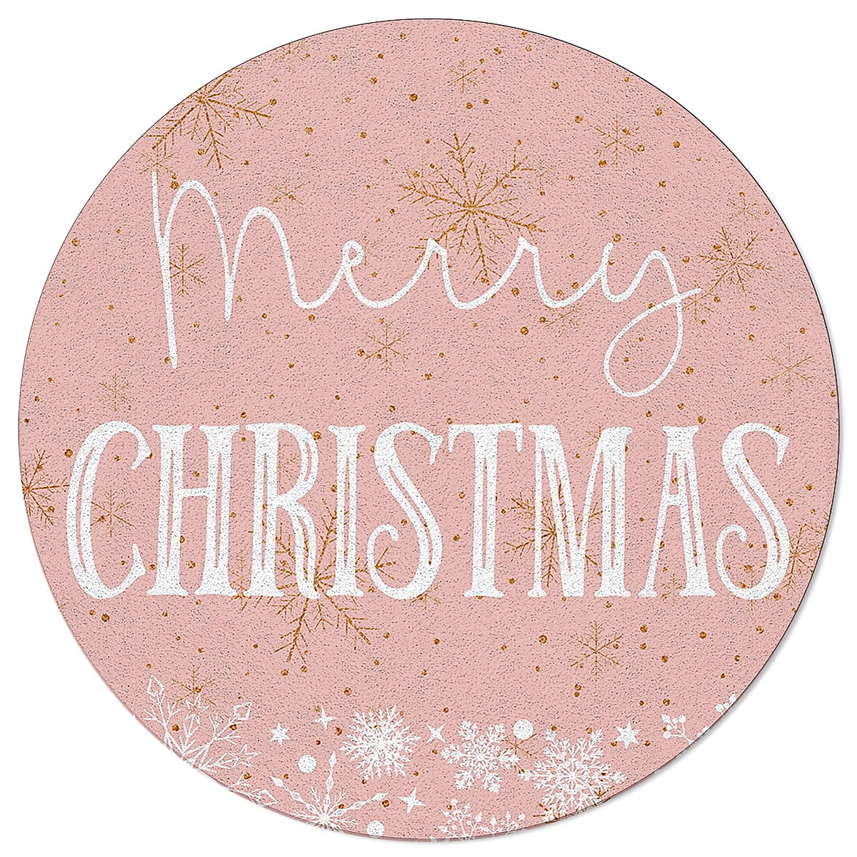 Merry Christmas Round Area Rug 5ft,Washable Outdoor Indoor Carpet Runner Rug for Bedroom,Kitchen,Bathroom,Living/Dining/Laundry Room,Office,Area+Rug Bath Door Mat Blush Pink Gold Winter Snowflake