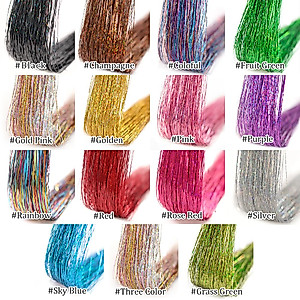 Gold Hair Tinsel Packs of 12Pcs Clip in Hair Tinsel Kit 20.5 inch Fairy Hair Tinsel Heat Resistant for Women Girls Glitter Hair Extensions for Christmas New Year Halloween Cosplay Party (Golden)