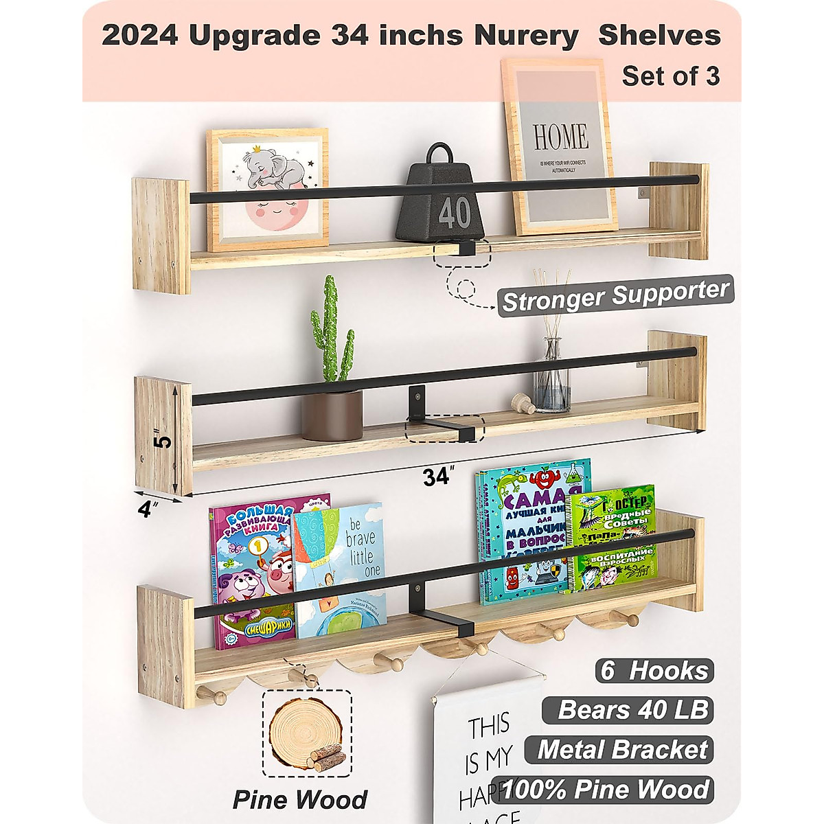 Book Shelf for Kids Rooms, Nursery Book Shelves, 33.5 inch Floating Book Shelves for Wall Set of 3 Great for Living Room, Kids Room, Bedroom.