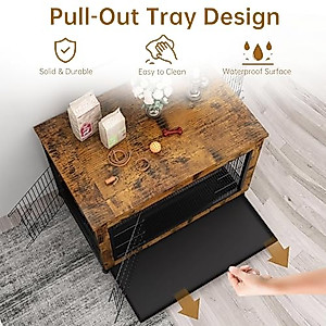 Lamerge Wooden Dog Crate Furniture for Large Dog, Heavy Duty Dog Crate End Table with Pull-Out Tray, 3-Door Dog Kennel, Indoor Pet Furniture, 44.3" L x 28.7" W x 31.9" H, Brown