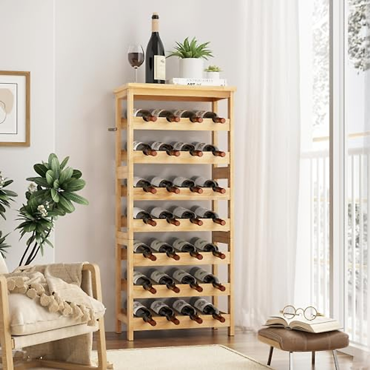 28-Bottle Wine Rack Free Standing Floor, Solid Wood 7-Tier Display Wine Storage Shelves with Tabletop, Wobble-Free Bottle Holder for Cellar Kitchen Bar Dining Room Living Room, Oak