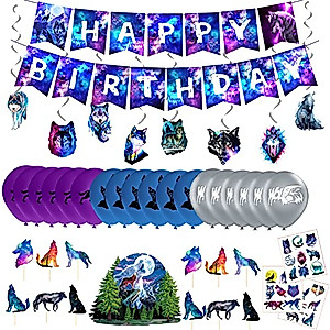 Wolf Party Decorations Galaxy Wolf Birthday Party Supplies Girl Boy Wolf Themed Decorations for Birthday Party, Wolf Party Balloons, Banner, Hanging Swirls, Cake Cupcake Toppers and Tattoos