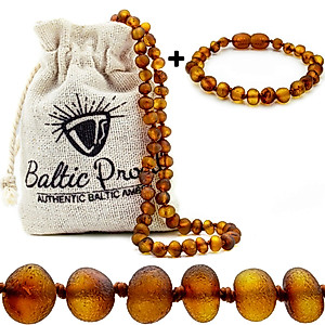 Baltic Proud Amber Necklace and Bracelet Gift Set (Unisex Cognac Raw 12.5 Inches/5.5 Inches) - Certified Premium Quality Raw Baltic Sea Amber