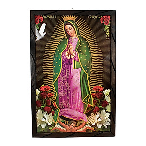 Mrcjsales- Our Lady of Guadalupe image with dove an flowers in rustic frame, Oil painting, 24''x36'', 13''x18'', 10''x12'' inches, religious art image, Virgen de Guadalupe con paloma y flores, Cuadro rustico , Home decor, wall decor, church events, gifts