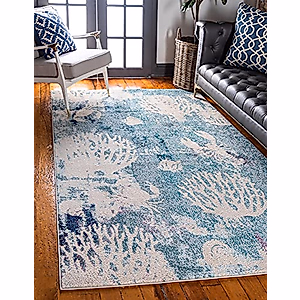 Unique Loom Positano Collection Coastal Modern Coral Lobster Shells Light Blue Area Rug (4' x 6')