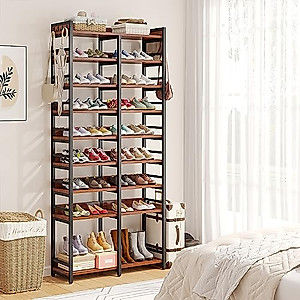 Tribesigns Open Shoe Cabinet, 9-Tier Tall Wooden Shoe Rack with Side Hooks for Entryway, Freestanding 36 Pairs Wood Shoes Storage Shelf Cabinet with Heavy Duty Metal Frame, Black Rustic Brown