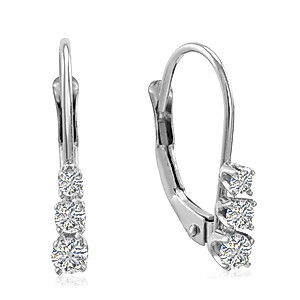 AGS Certified 10K White Gold Three Stone Diamond Leverback Earrings 1/4cttw