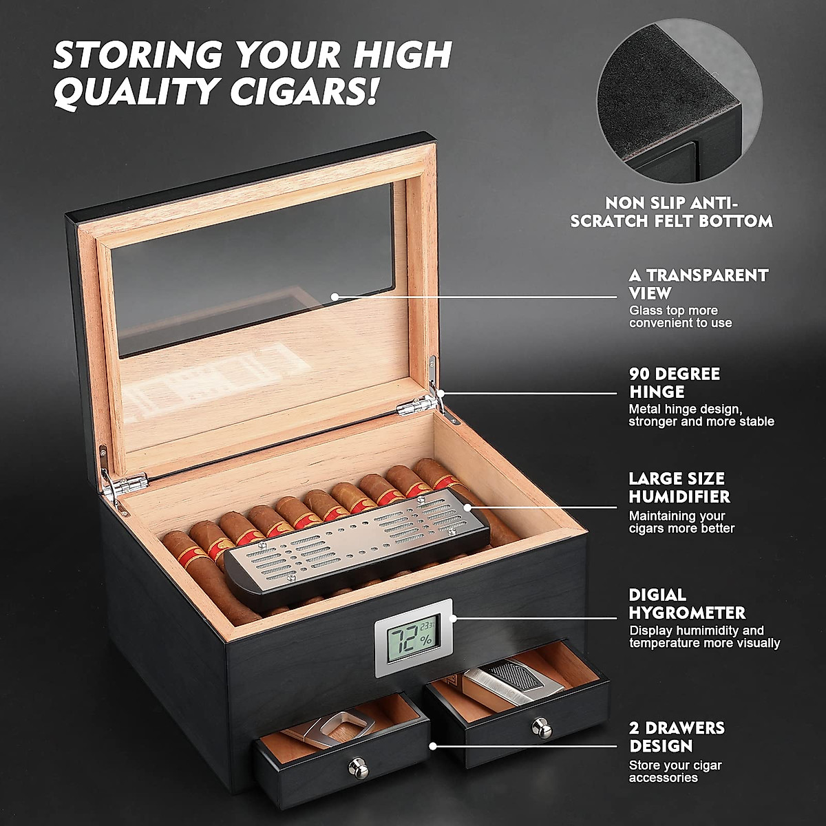 FANKAI Cigar Humidor with 2 Drawers,Cigar Accessories with Humidifier,Humidor Cigar Box Solid Cedar Wood,Cigar Gifts for Men,Glass Top Humidor,Cigar Case Fit 25-50 Cigars,Desktop Cigar Box