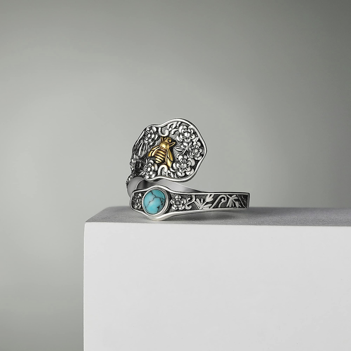 HUKKUN Spoon Ring Sterling Silver Chunky Gold Bee Rings for Women Adjustable Turquoise Ring