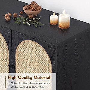 63" W Black Large Rattan Cabinet, Sideboard Buffet Cabinet with Natural Rattan Hand-Woven Doors, Accent Buffet Console Storage Credenza, for Living Room Hallway Kitchen, Metal Legs, Natural-2 Pieces