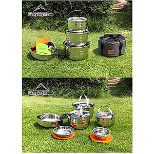 CAMPINGMOON 16PCS Stainless Steel Outdoor Camping Nesting Mess Kit Cookware Set Pots Pans with Storage Carrying Bag MC240