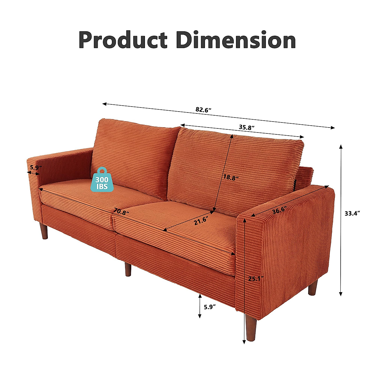 Setawix 82.6 Inch Oversized Loveseat Sofa, Corduroy Upholstered Sleeper Sofa Comfy Modular Couch with Wood Legs, Modern Deep Seat Sectional Couches for Living Room Bedroom Apartment, Orange