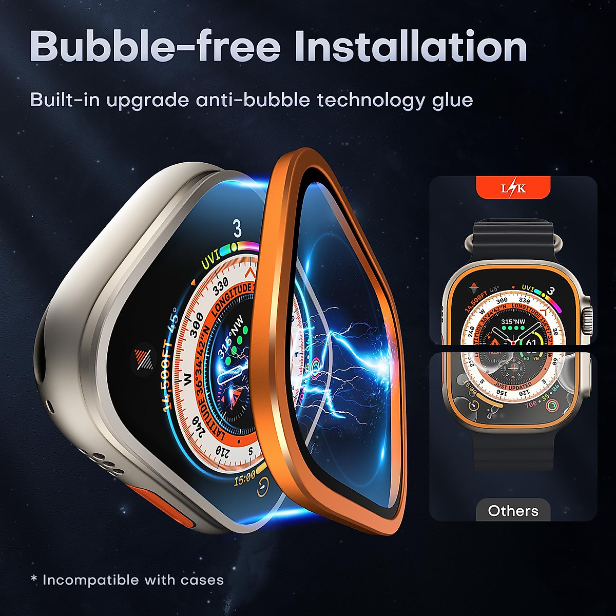 LϟK 2 Pack for Apple Watch Ultra 2 / Ultra Screen Protector 49mm - 9H Tempered Glass + Titanium Alloy Frame [Stay Original+Bubble Free] Waterproof HD Glass Film for iWatch Ultra 49mm, Orange