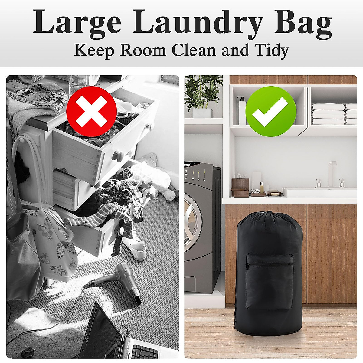 OTraki Laundry Bag 16 x 32 Inch Extra Large Dirty Clothes Laundry Backpack with Handle Adjustable Shoulder Straps Drawstring for Traveling Camping College Dorm Laundromat Black