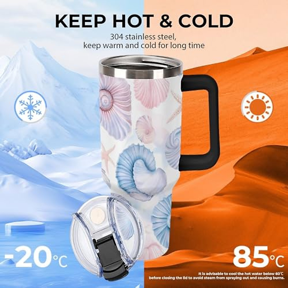 Watercolor Seashell Pattern Insulated Tumblers with Handle Stainless Steel Coffee Mug Funny Travel Cup with Lid Straw 40oz