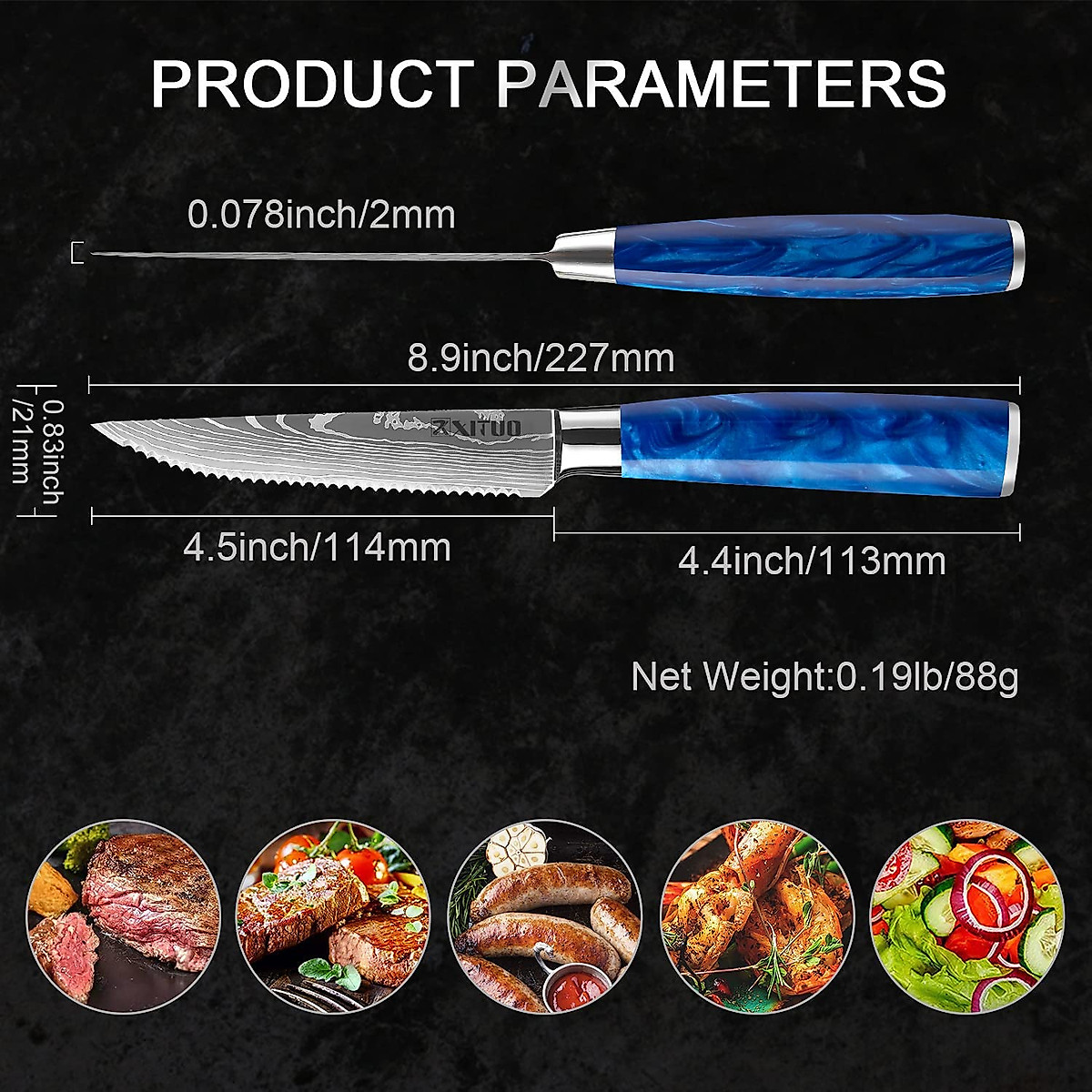 XT XITUO Serrated Steak Knife Set - 6pcs Premium 4.5 inch Kitchen Cutting Steak Knives, German Stainless Steel KnifeTable Dinner Knife with Blue Resin Handle for Home Restaurant, Gift Box