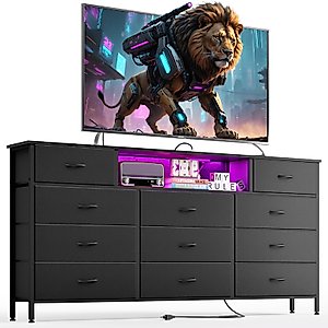 Fixwal Long Dresser for Bedroom with Charging Station and LED Lights, Black Dresser TV Stand with 11 Drawers, Fabric Chest of Drawers with PU Finish for Bedroom, Living Room, Entryway