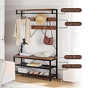 Amyove Large Coat Rack Shoe Bench, 4-in-1 Hall Tree Shoe Rack for Entryway, 3-Tier Storage Shelf and Hooks Removable, Industrial Accent Furniture with Heavy Duty Steel Frame 39.9"x15.7"x72"