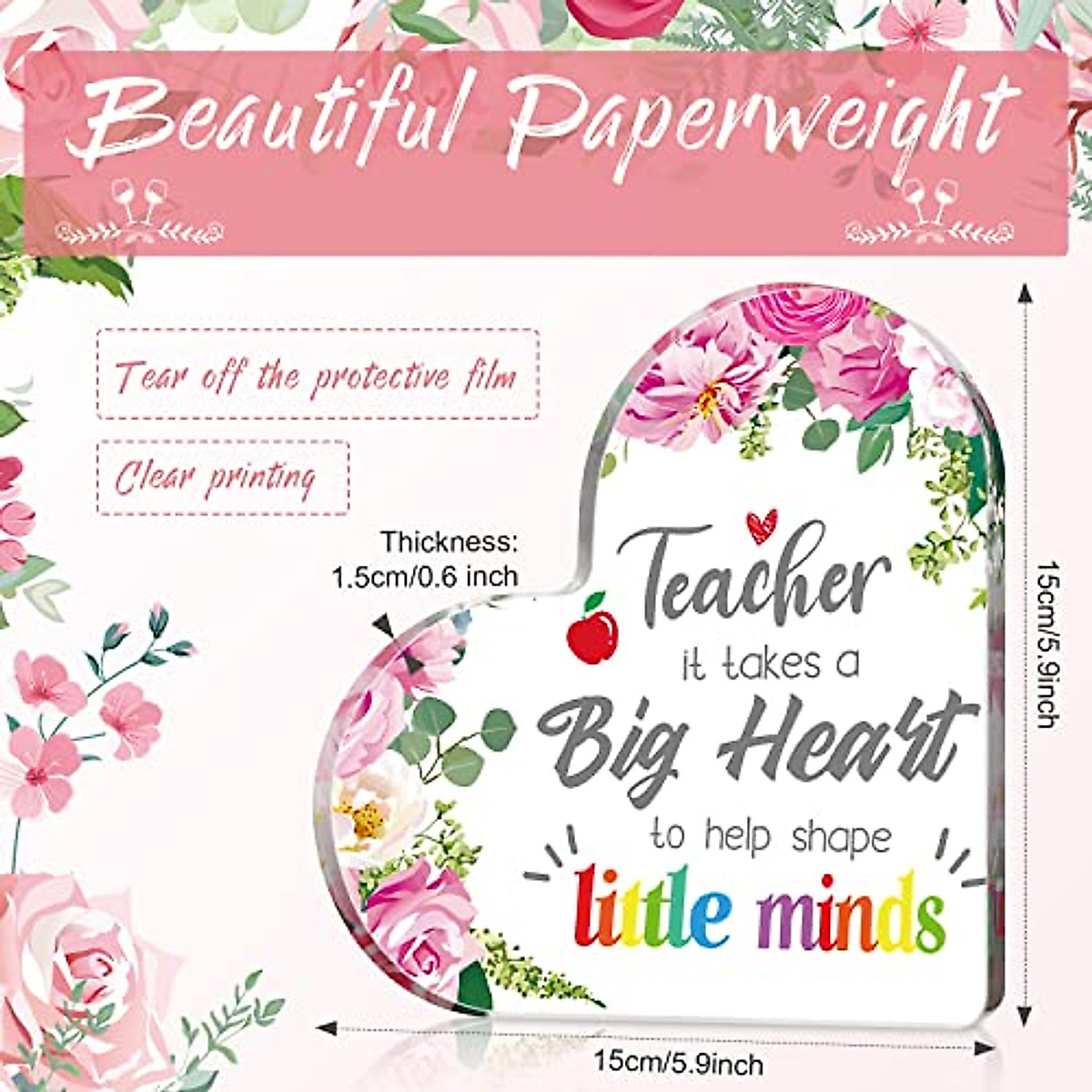 Meanplan 4 Pcs Teacher Christmas Appreciation Gifts for Women, 12 oz Teacher Tumbler, 2 Bookmark and Acrylic Heart Paperweights Thank You Graduation Keepsakes for Teacher's Day Gifts