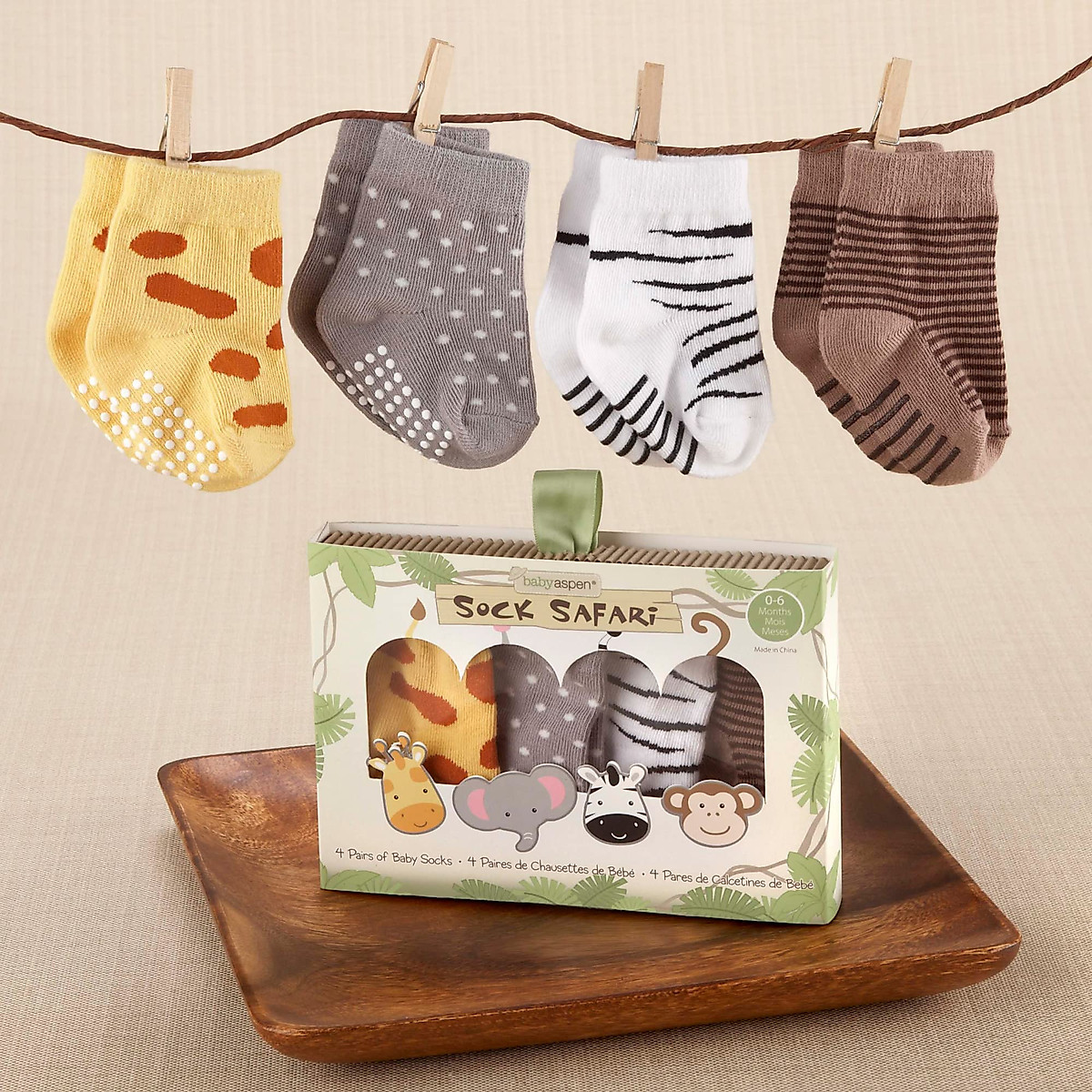 Baby Aspen, "Sock Safari" Four-Pair Animal-Themed Baby Socks Set, 0-6 Months