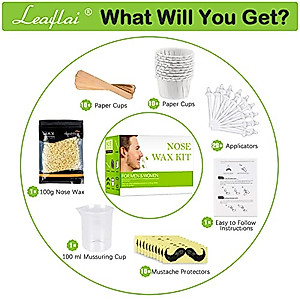 Nose Wax Kit ,Nose Hair Removal Kit with Wax beads 20 Safe Tip Applicator,10 Containers and 10 Moustache Stencils , Nose Waxing Kit for Men and Women Easy, Quick and Painless Nose Hair Wax