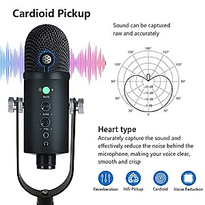 USB Microphone, Condenser Computer Microphone for Streaming, Gaming, YouTube Recording, Plug and Play,Headphone Output and Volume Control,Quick Mute Button,Compatible with Laptop, Phone (Black)