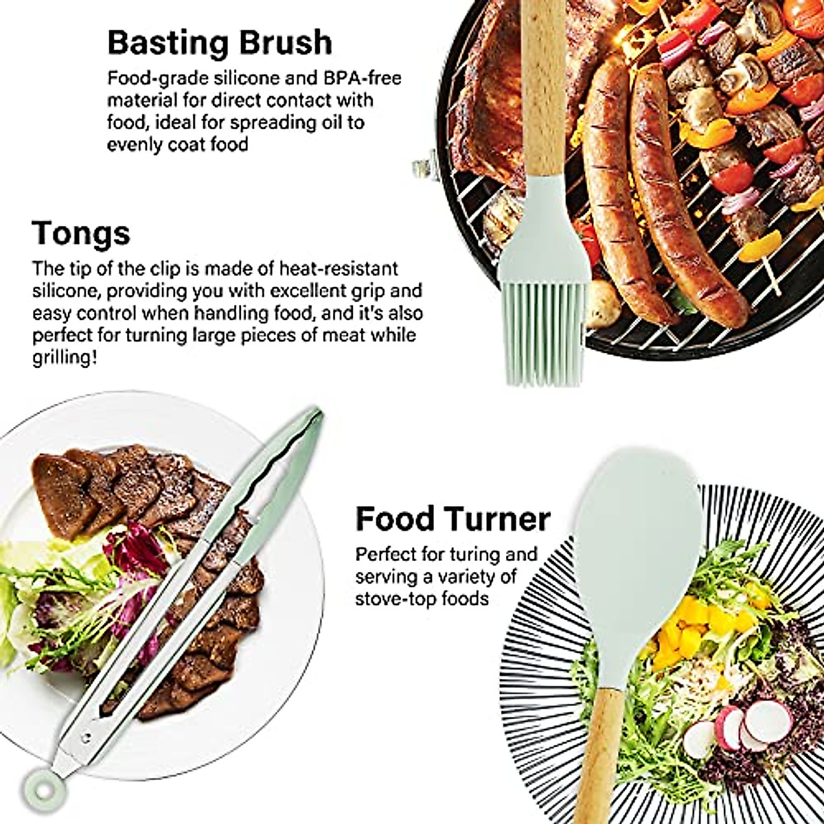 Kitchen Utensils Set, QMVESS 35 Pcs Non-Stick Silicone Cooking Utensils Set with Holder, Sturdy Wooden Handle, Heat Resistance Silicone Spatula Spoon Kitchen Gadgets Utensils Set (Light Green)