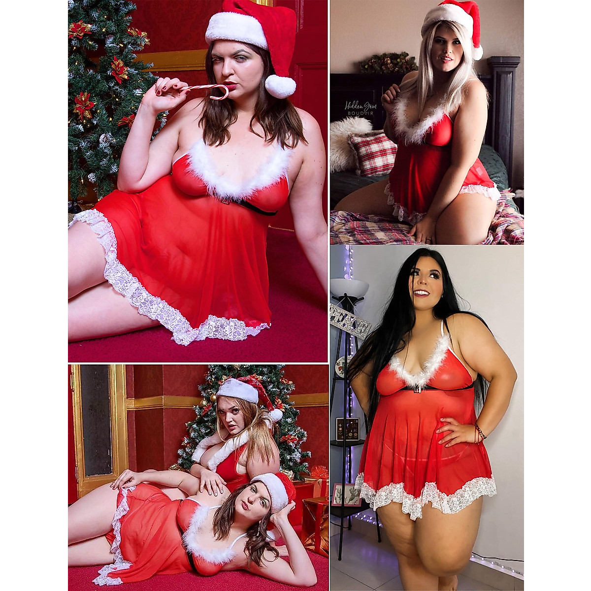 Avidlove Plus Size Santa Christmas Lingerie for Women Floral Lace Chemises Sleepwear