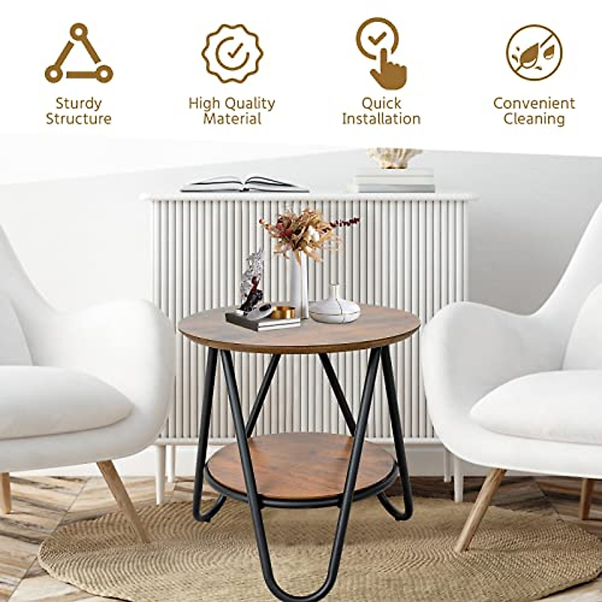 ECOMEX Outdoor Side Tables for Patio, 2 Tier Round Metal Patio Side Table Small Outdoor Side Table with Metal Frame, Industrial Outdoor Table for Bedroom Balcony Patio,Rustic Brown 1PC