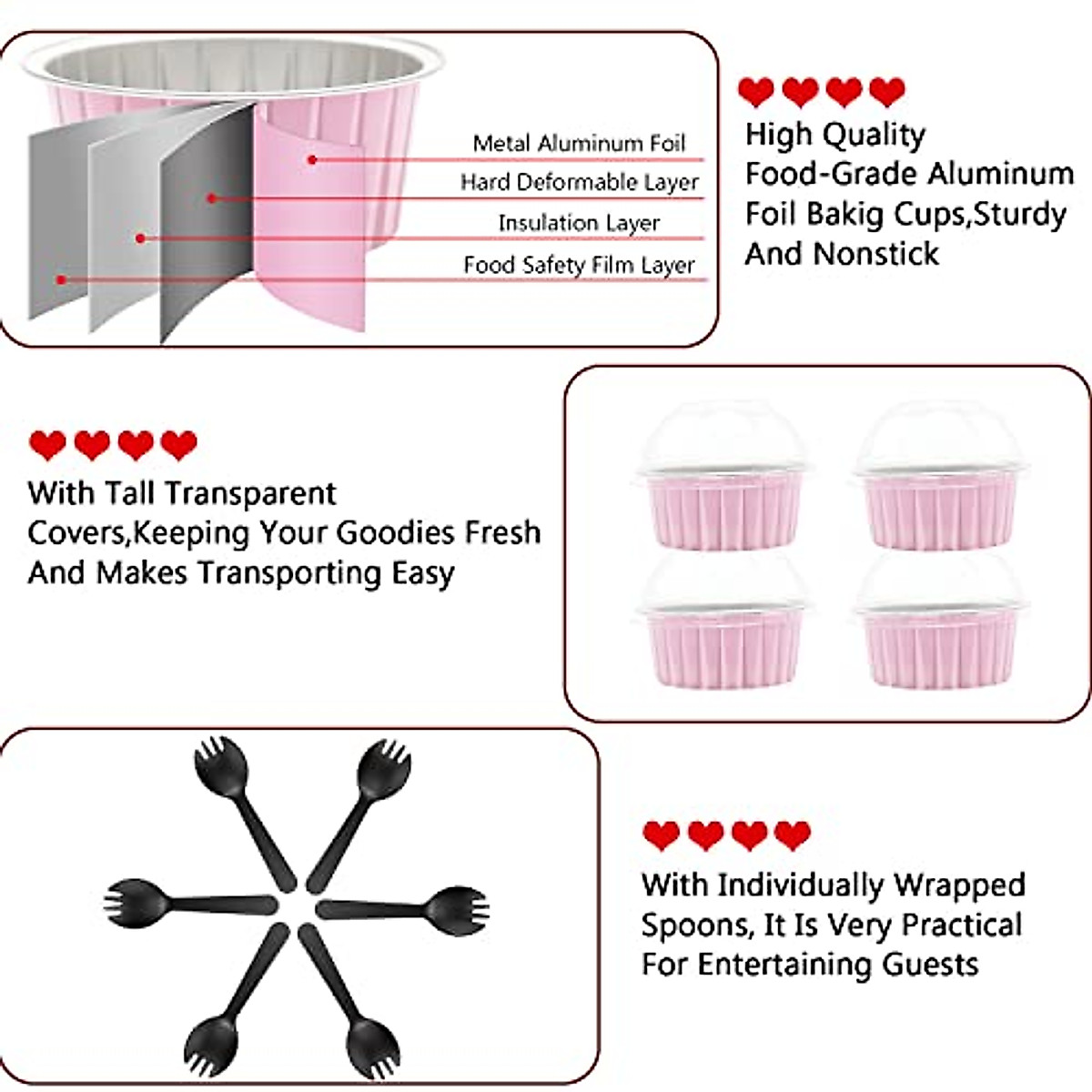 Jumbo Muffin Liners with Lids 50 Pack,Free-Air 5oz Aluminum Foil Cupcake Cups Muffin Tins,Disposable Ramekins Cupcake Baking Pans Cupcake Holders for Custard Mini Pie -Pink