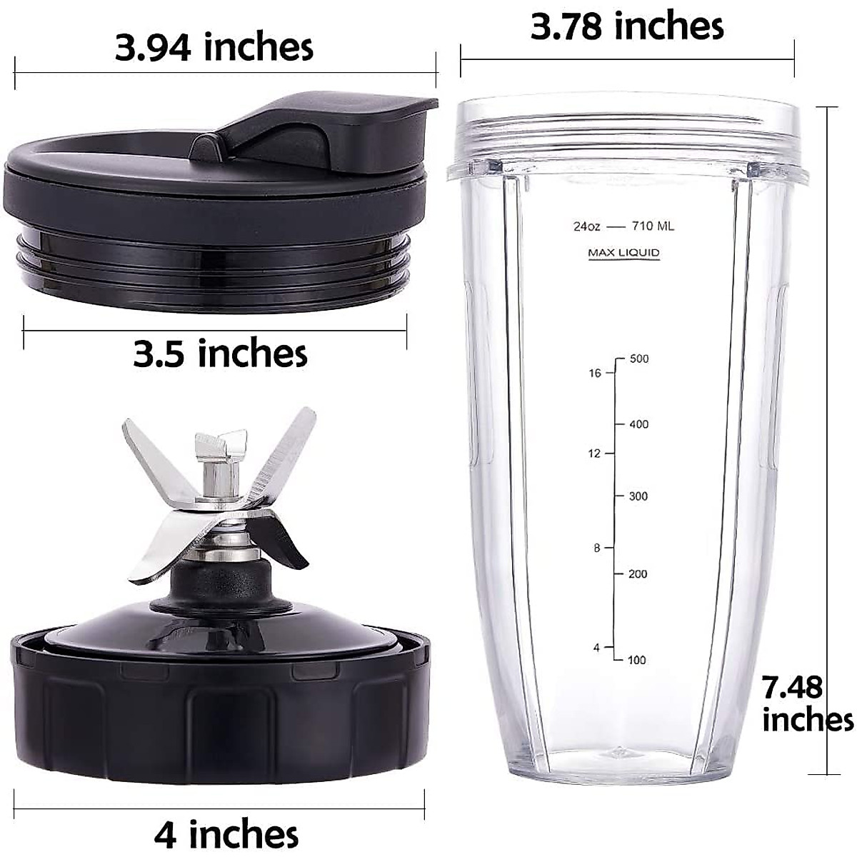 Revorit Blender Replacement Parts for Ninja, 2 24oz Cups with To-Go Lids, 7 Fins Extractor Blade, for Nutri Ninja Auto iQ BN801 BL480-30 BL640-30 BL642-30 NN100-30 BL2012 (2 Pack)