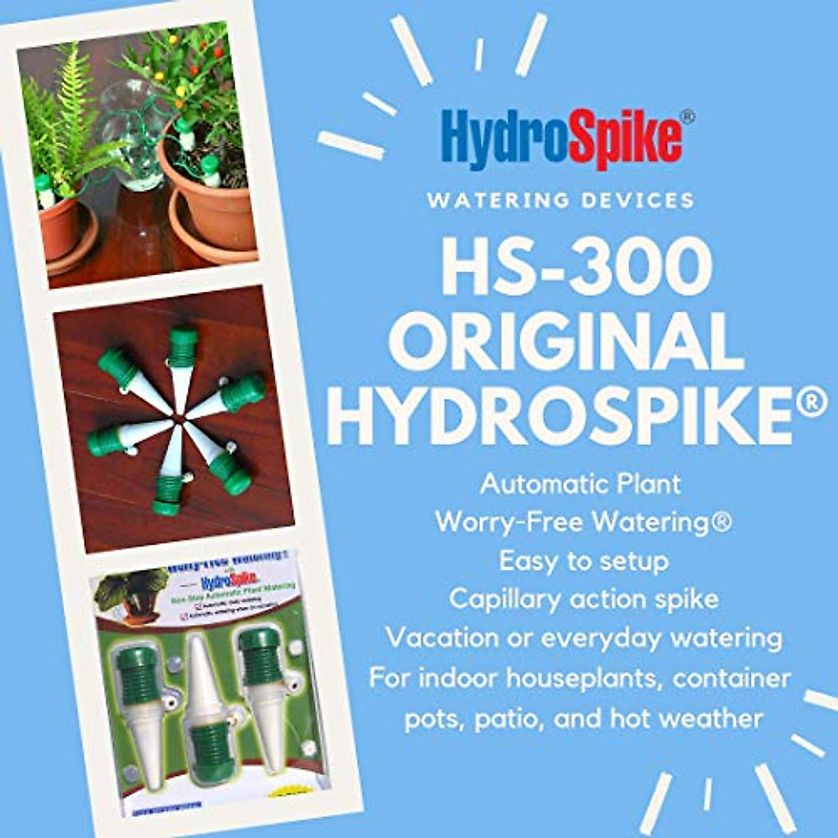 HydroSpike HS-300 (3-Pack) Worry-Free Automatic Plant Watering Devices Kit. Self Auto Waterer Spikes, Bulbs, Stakes Irrigation System for Indoor House Plants, Vacation. No Glass Globe Bottle, Jug, Can