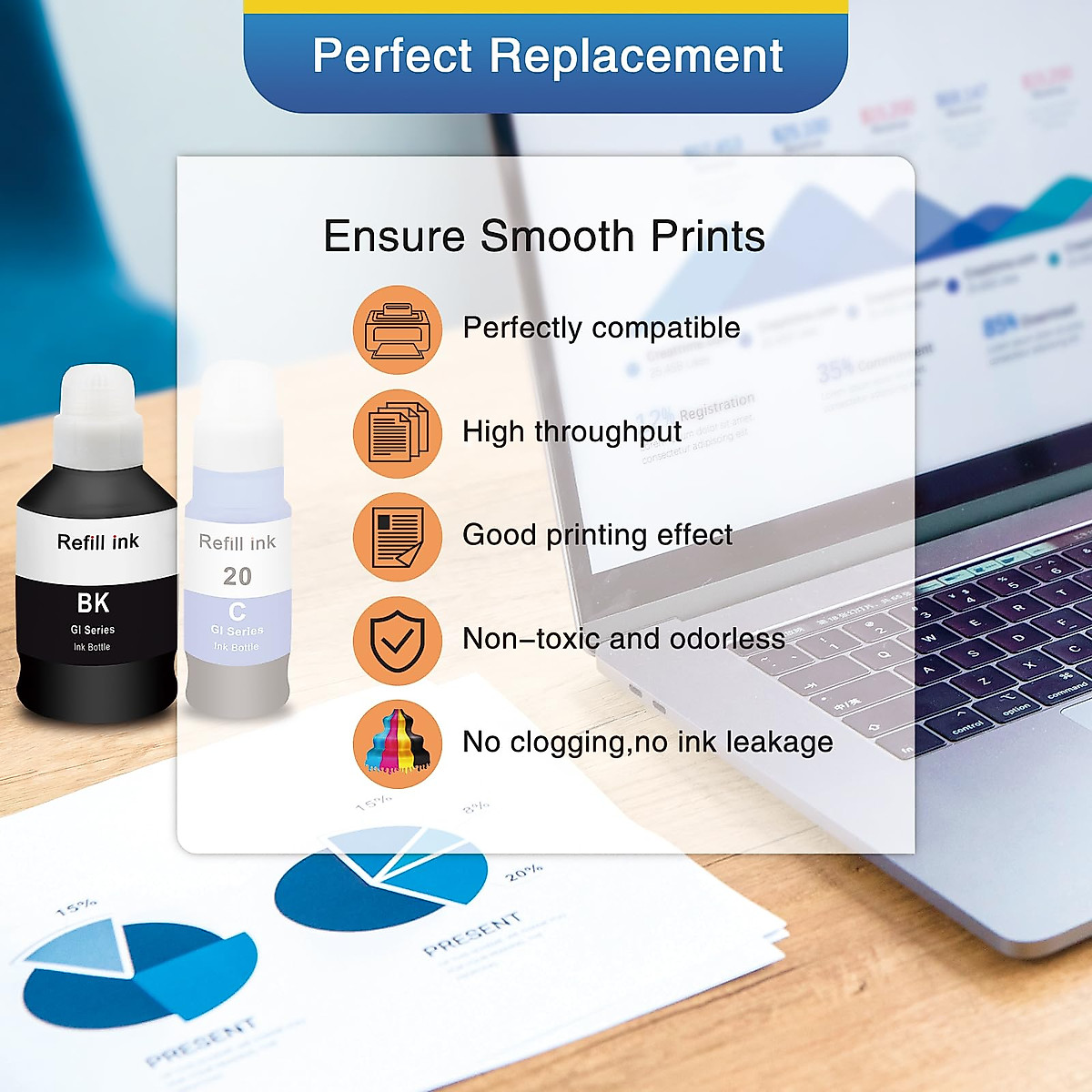 Topcolor Compatible Dye Ink Replacement for Canon GI-20 GI20 Ink Bottles Refills Kit for Canon PIXMA G6020 G5020 G7020 MegaTank Printers, 170mL Black Ink Refill, 70mL Cyan Magenta Yellow, 4 Packs