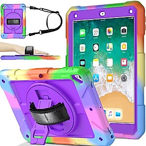 BMOUO Case for iPad 6th/5th Generation Case (9.7 inch, 2018/2017), 360°Rotating Stand, Hand/Shoulder Strap Shockproof iPad 9.7” Case for iPad Air 2, Purple