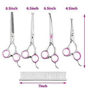 GEMEK Dog Grooming Scissors Set, 4CR Stainless Steel Safety Round Tip Pet Professional Grooming Tool 5 Pieces Kit - Straight, Curved, Thinning Shears & Comb for Dogs, Cats and Other Animals