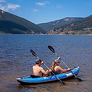 Driftsun Voyager Inflatable Kayak 2 Person Tandem, Foldable Kayaks for Adults Includes 2 Aluminum Paddles, 2 Padded Seats, Double Action Pump and Travel Backpack